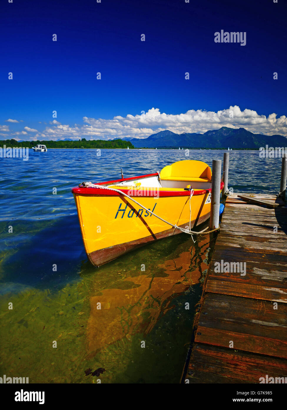 Europe Germany Chiemgau Chiemsee lake Prien wooden bridge boat mooring ...