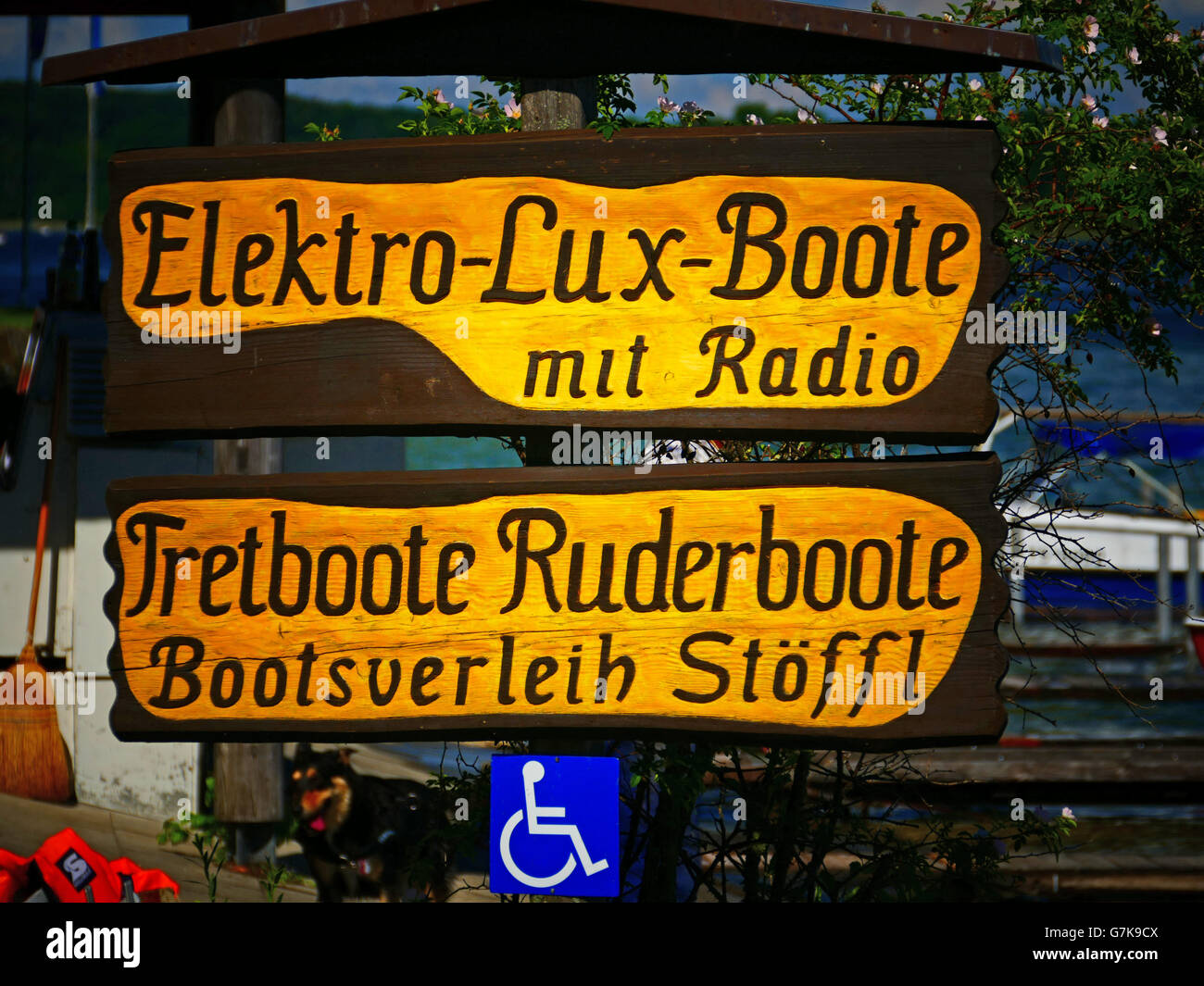 Europe Germany Chiemgau Chiemsee lake Prien wooden bridge boat mooring ...