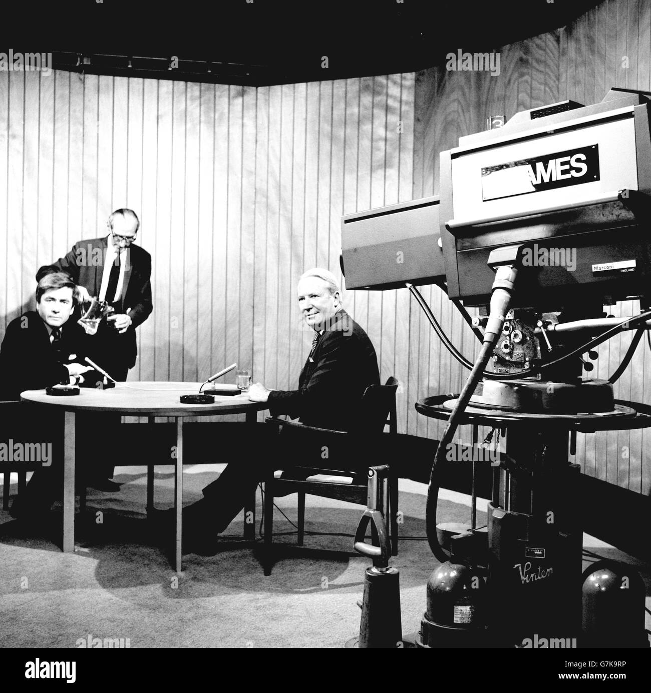 Conservative leader Edward Heath (r) before he is interviewed by Robert ...