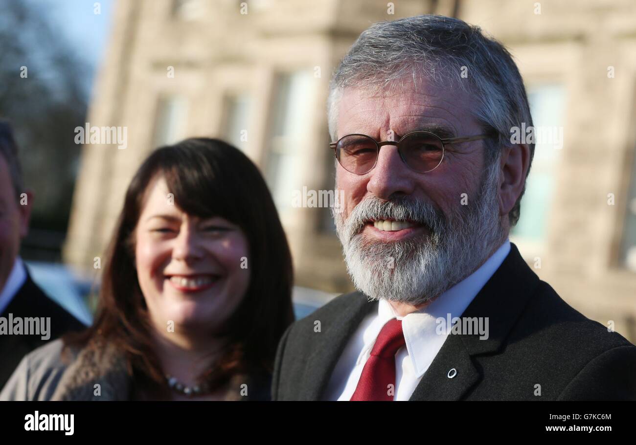 Sinn Fein's Michelle Gildernew and Leader Gerry Adams speaking to the ...