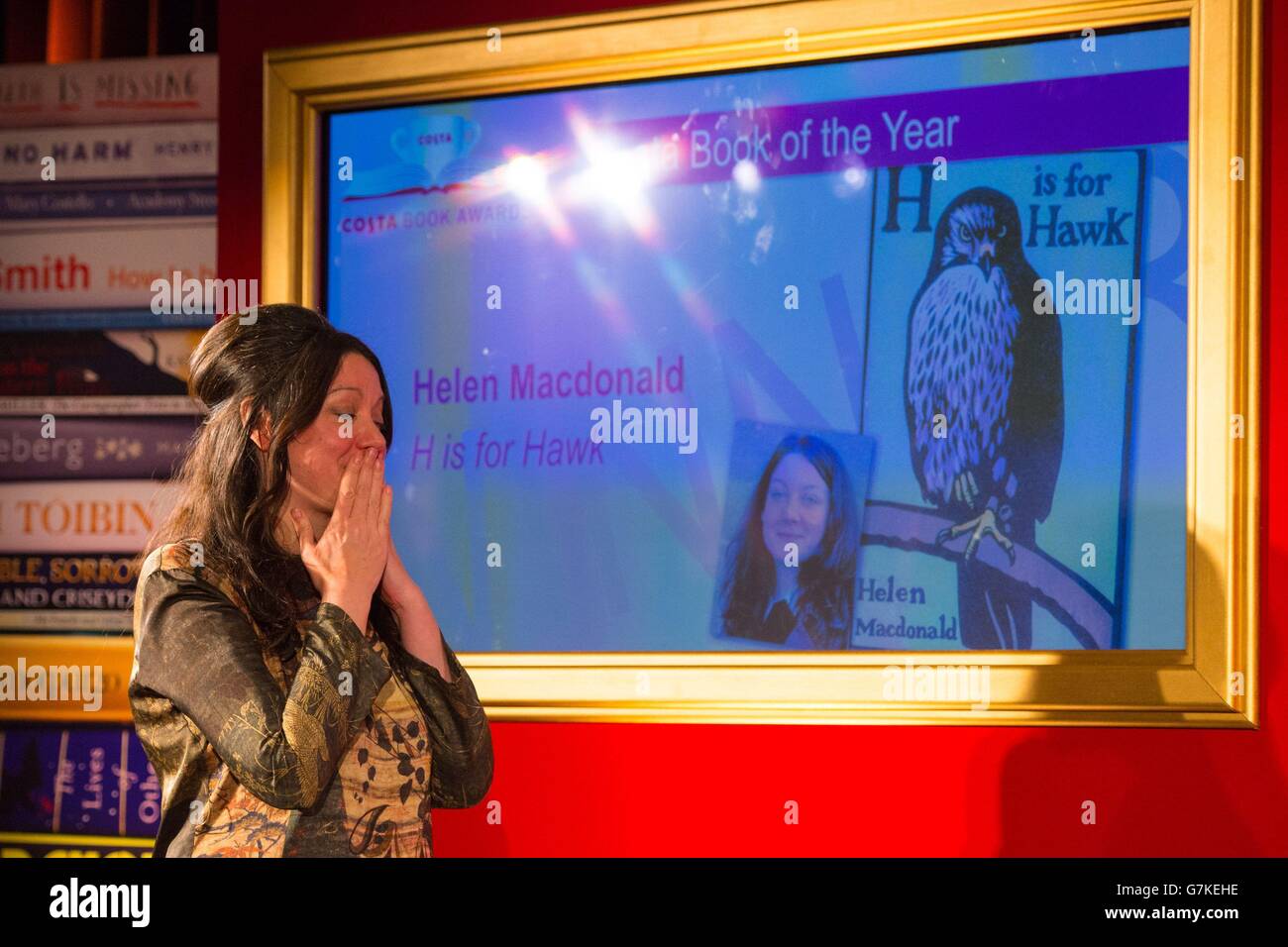 Winning author Helen Macdonald reacts after being announced as the ...