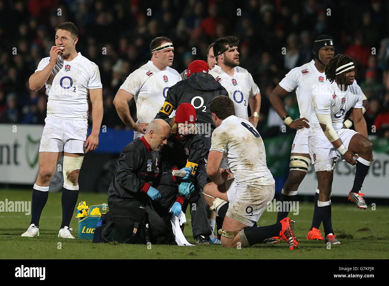 England Saxons' Dave Ewers receives treatment during the International ...