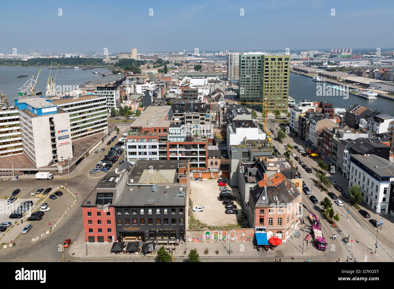 Aerial view of Antwerp port area from roof terrace museum MAS in the ...