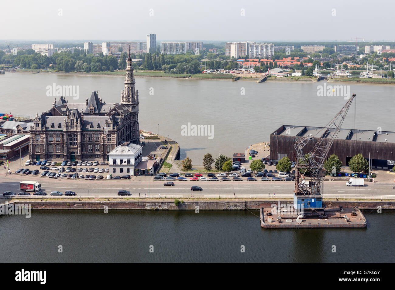 Aerial view of Antwerp port area with river Schelde from roof terrace ...
