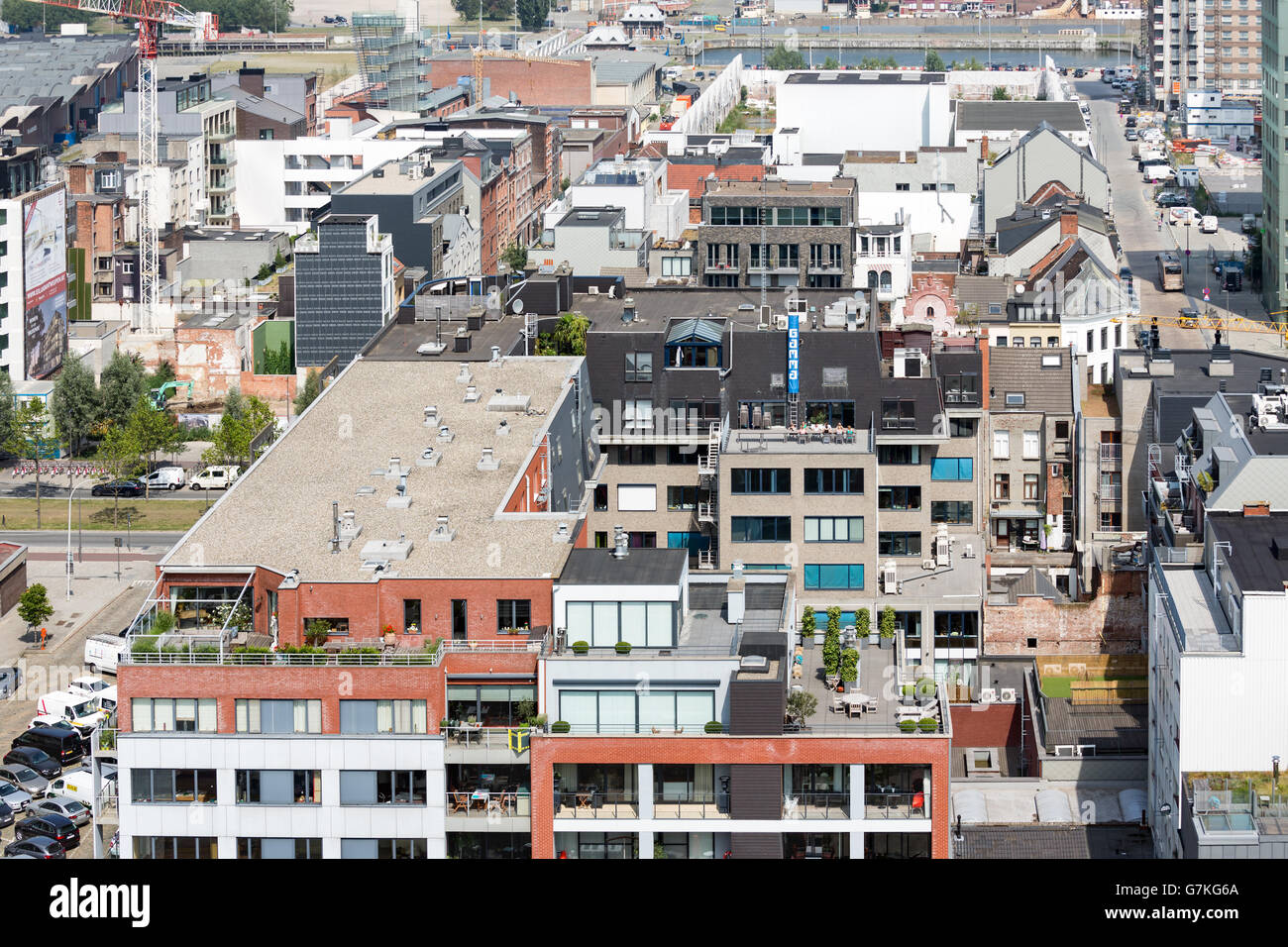 Aerial view of Antwerp port area from museum MAS roof terrace in the ...