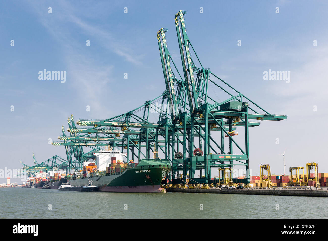 Harbor of Antwerp with cargo ships moored at quay with big cranes in ...