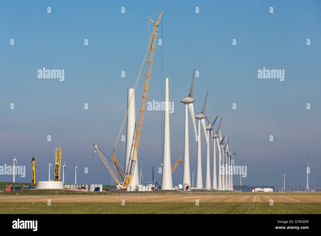 Construction site of new Dutch wind farm in agricultural landscape ...
