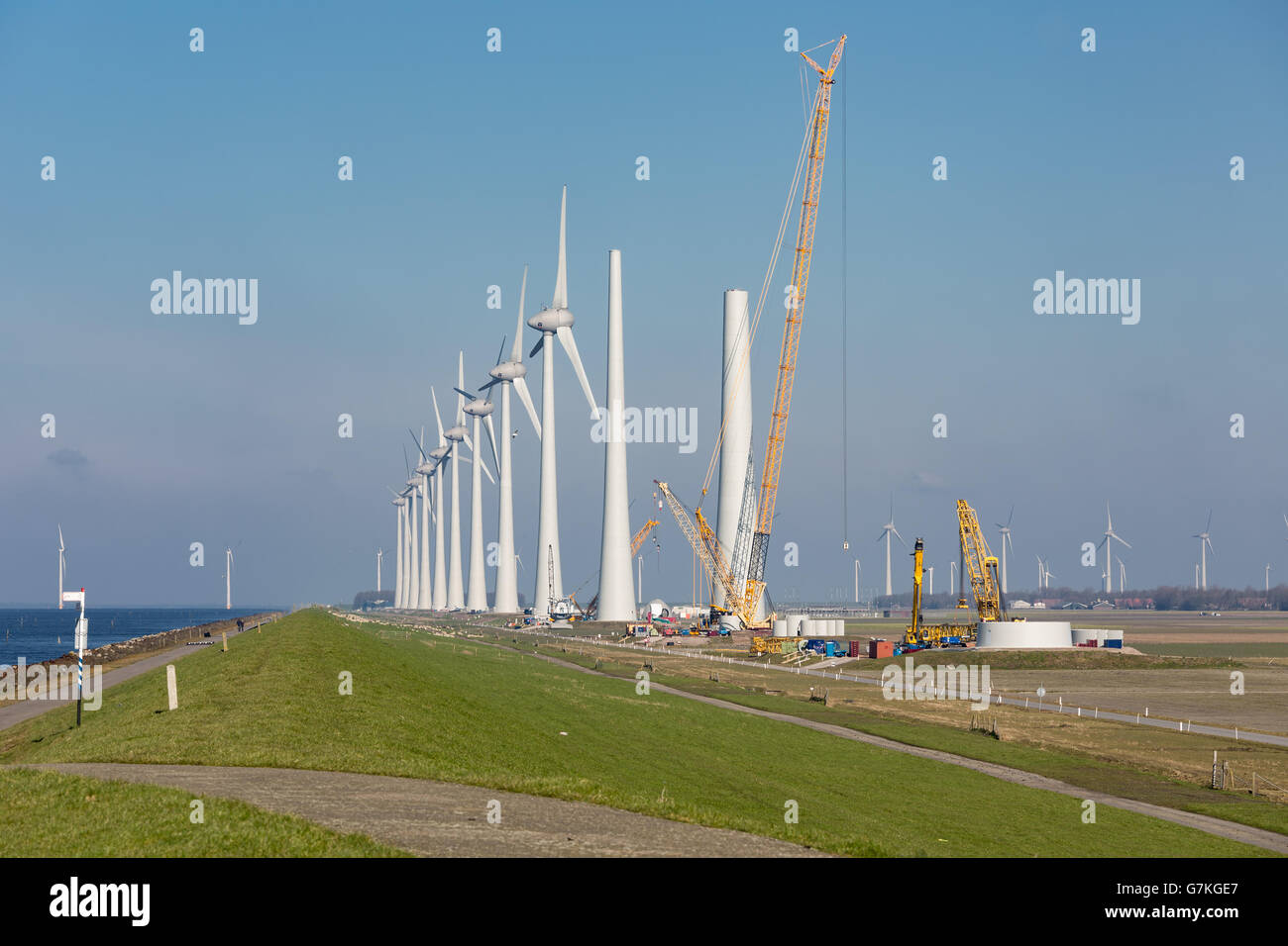 Construction site of new Dutch wind farm in agricultural landscape ...
