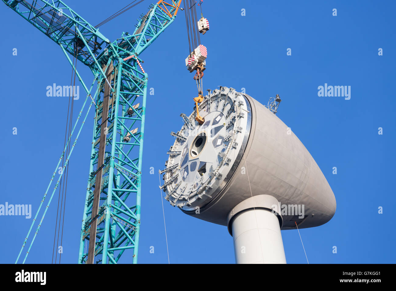 Installing rotor house at the top of a big new Dutch wind turbine Stock ...