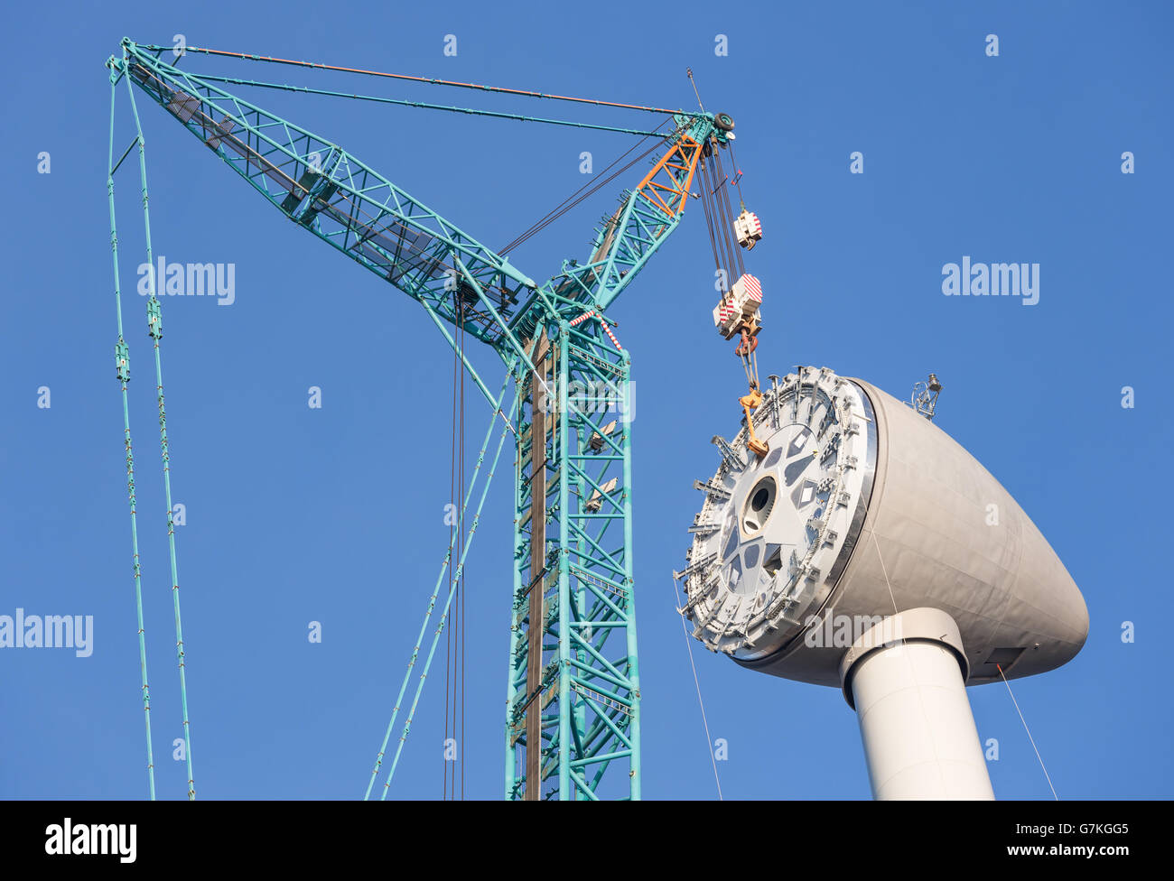 Installing rotor house at the top of a big new Dutch wind turbine Stock ...