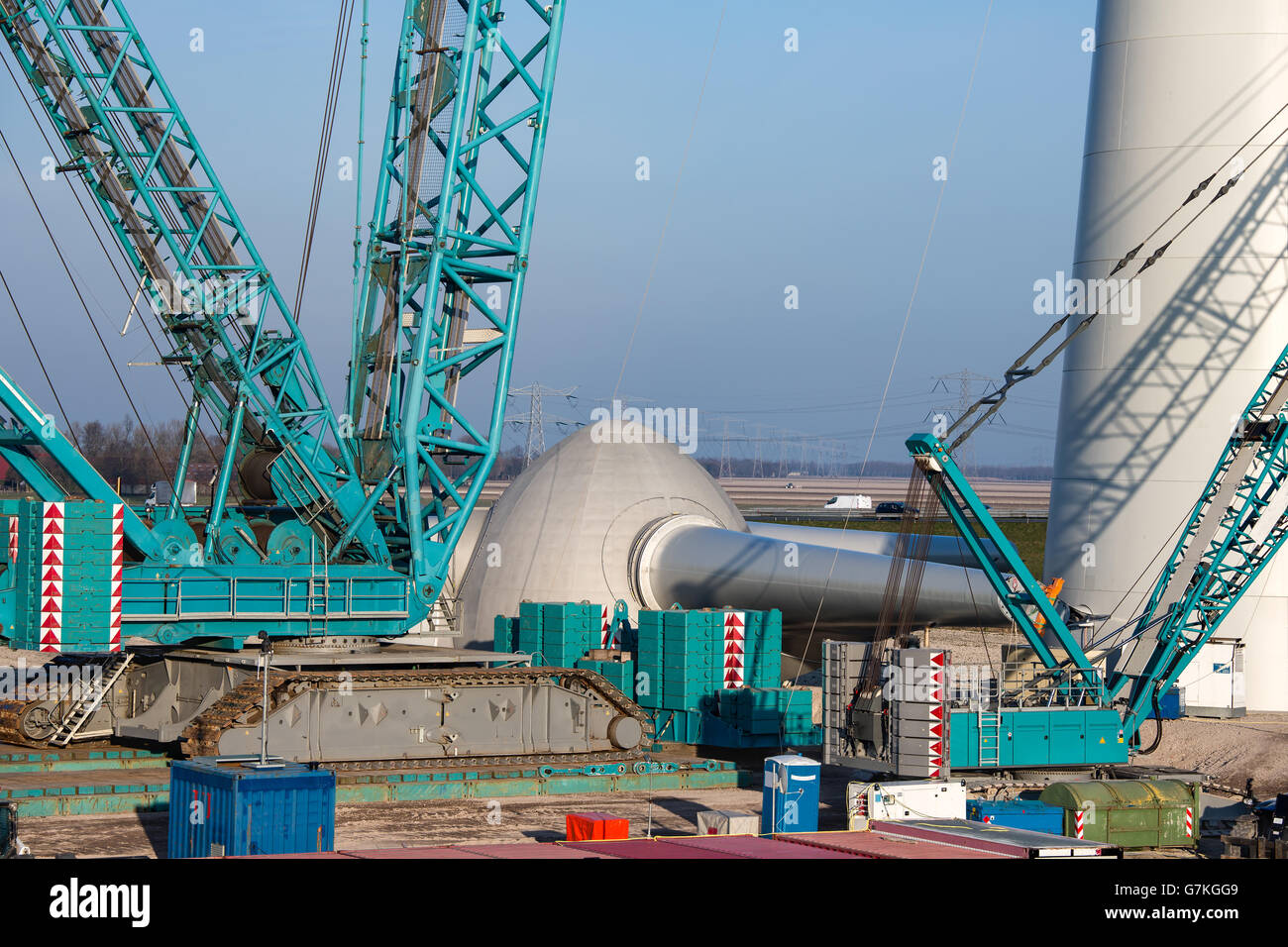 Dutch construction site for building new wind turbines. The propeller ...