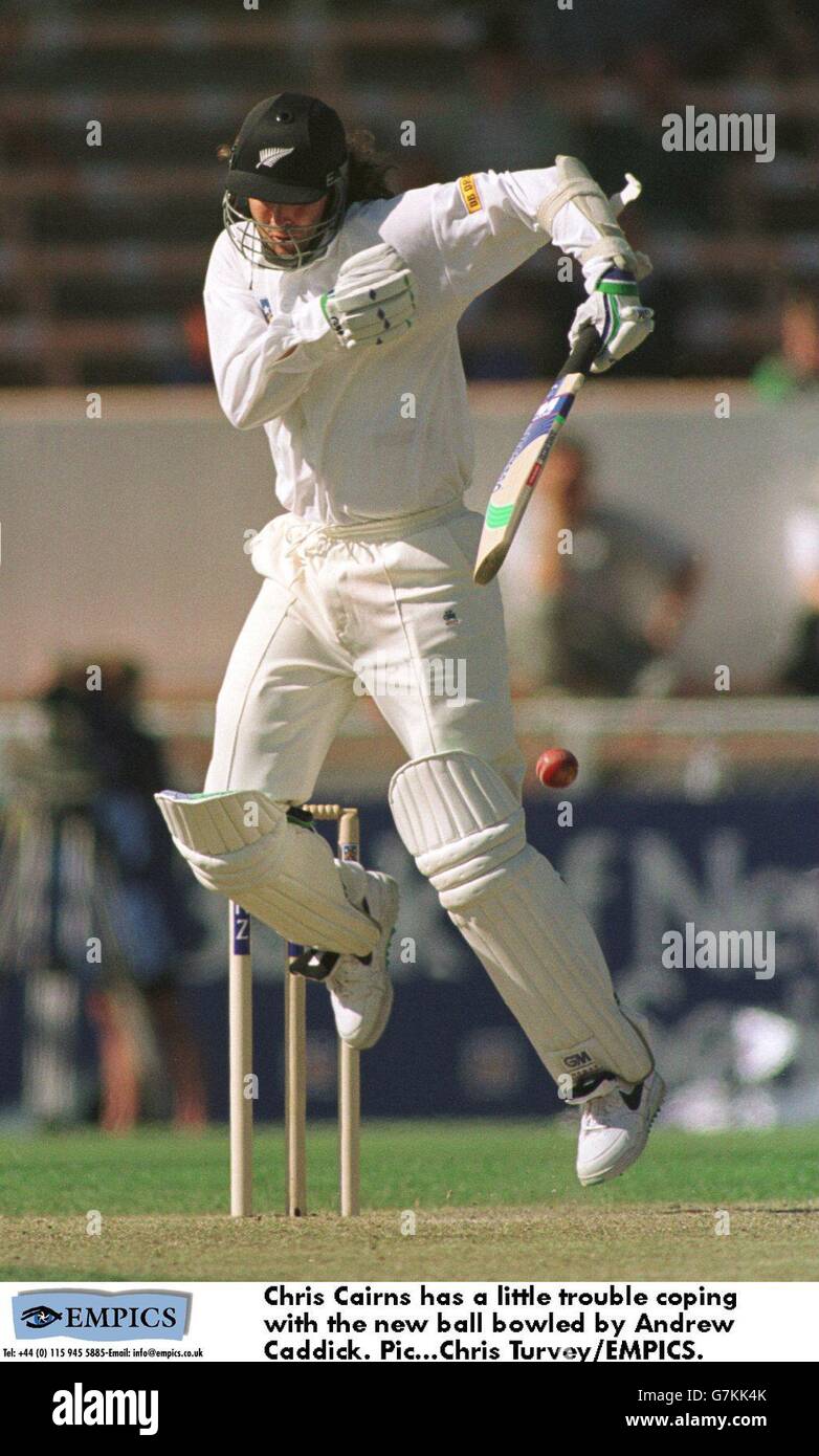 Chris Cairns has a little trouble coping with the new ball bowled by ...