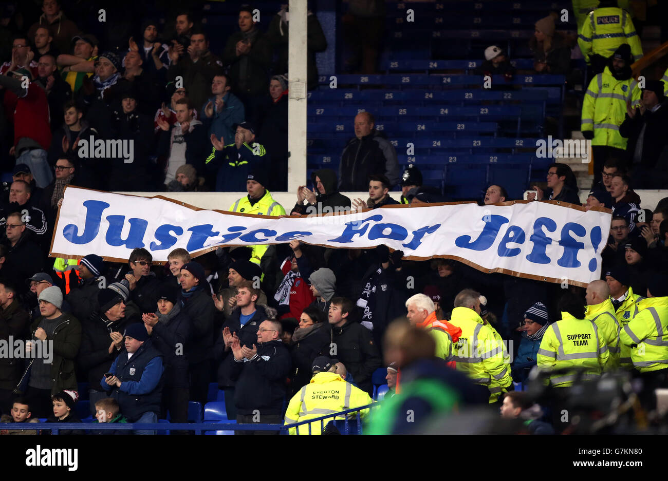 West Bromwich Albion fans in the stands display a banner 'Justice for ...