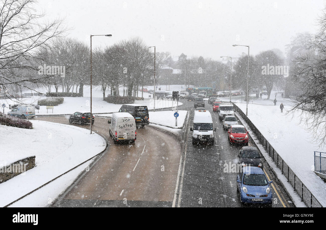 Heavy snow falls on the A690 into Durham as Britain was due to be hit ...