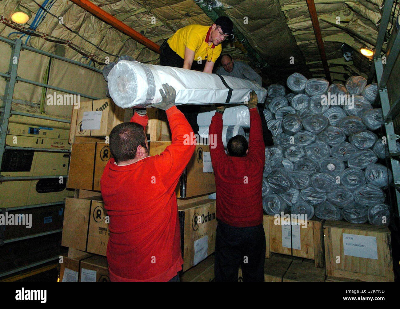Relief aid for Tsunami victims - East Midland Airport. Oxfam loads ...