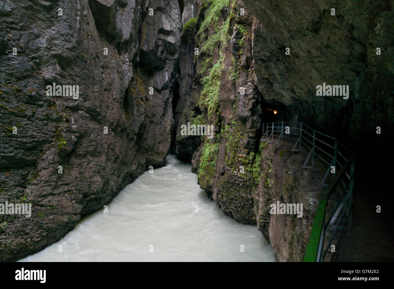 Aareschlucht, a gorge of Aare river carved deep into limestone, with up ...