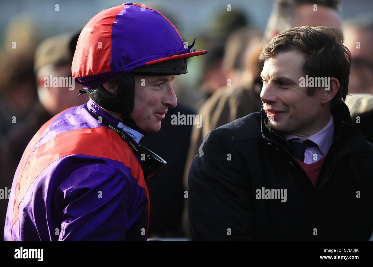 Trainer Robert Stephens talks with jockey Tom O'Brien at Ludlow ...