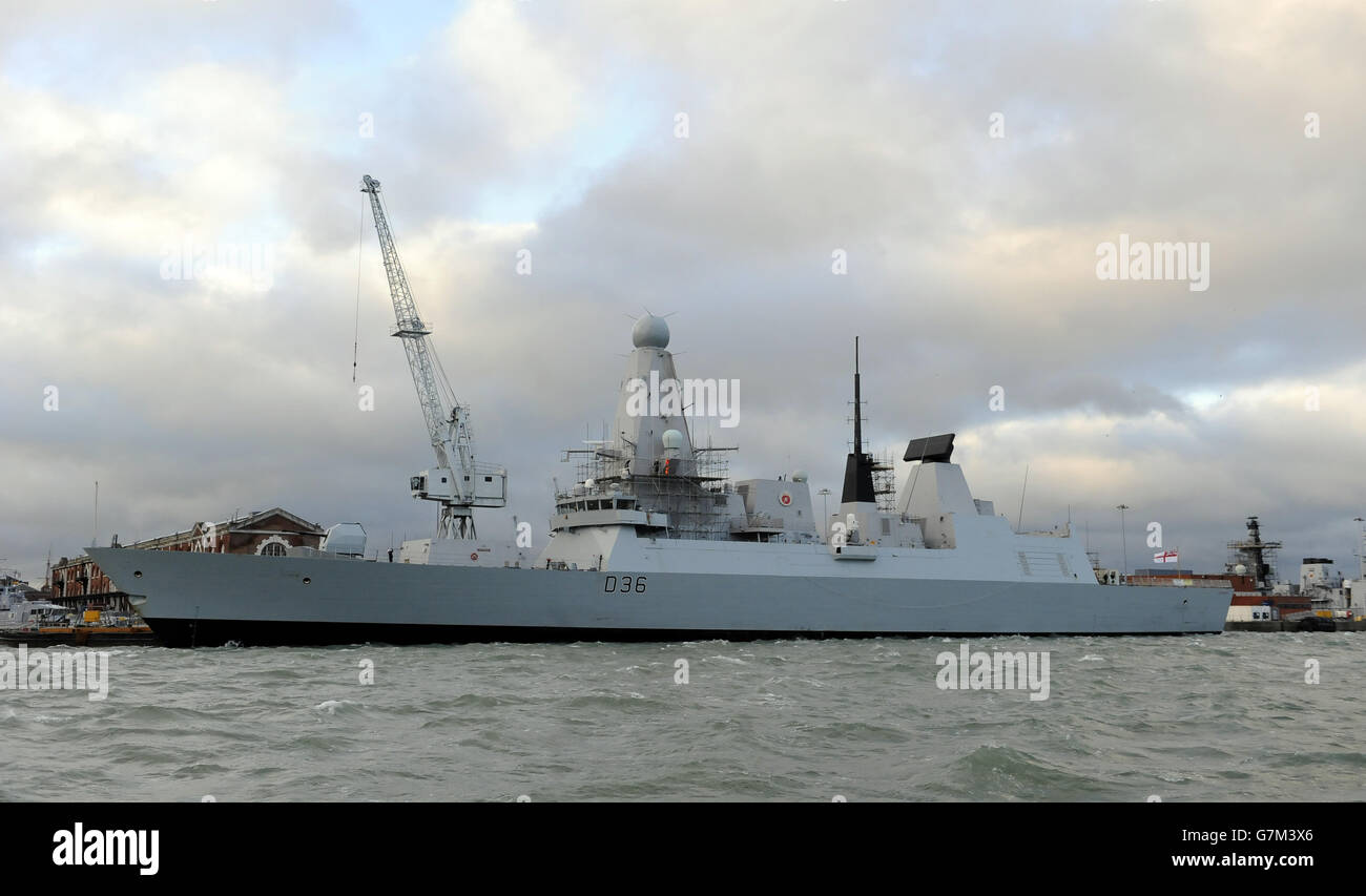 General view of the type 45 destroyer HMS Defender in dock at ...