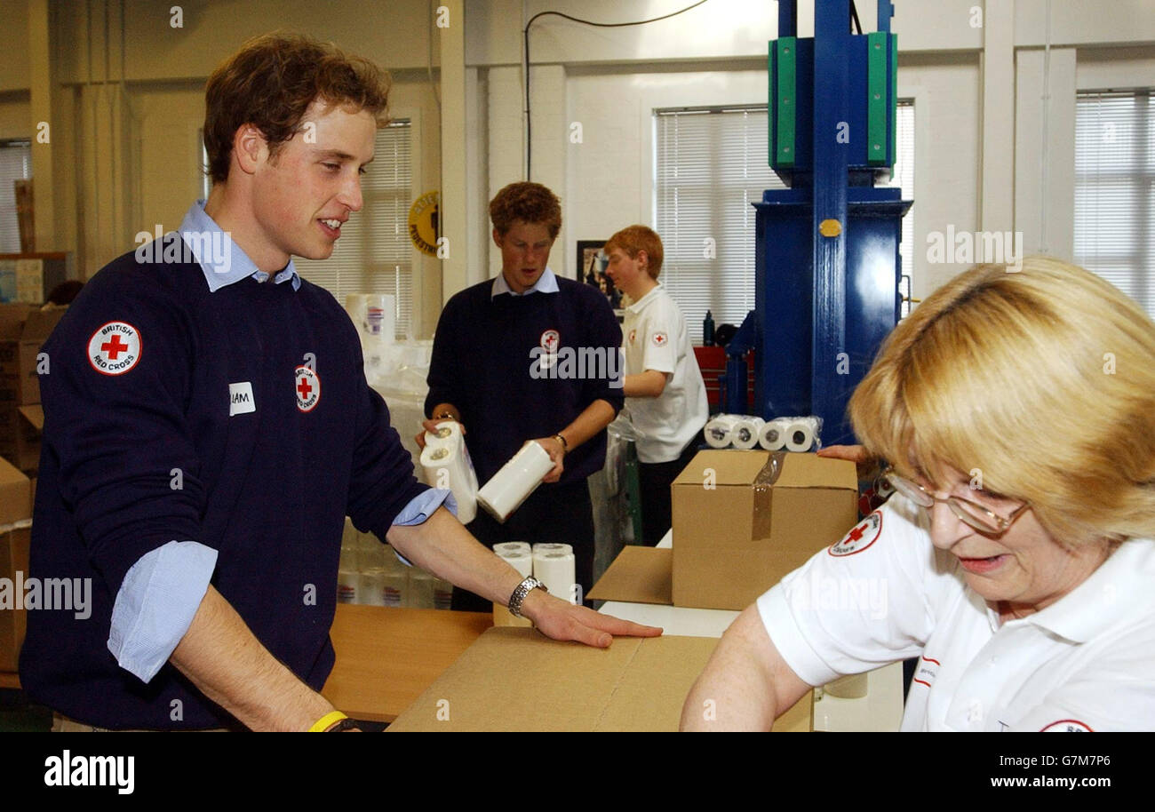 Prince William helps Joyce Middleton with the packing of items bound ...