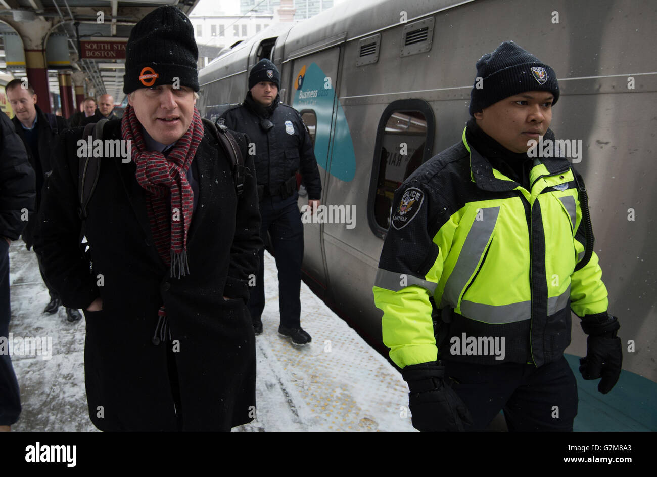 Mayor of London Boris Johnson prepares to board a train from Boston to ...