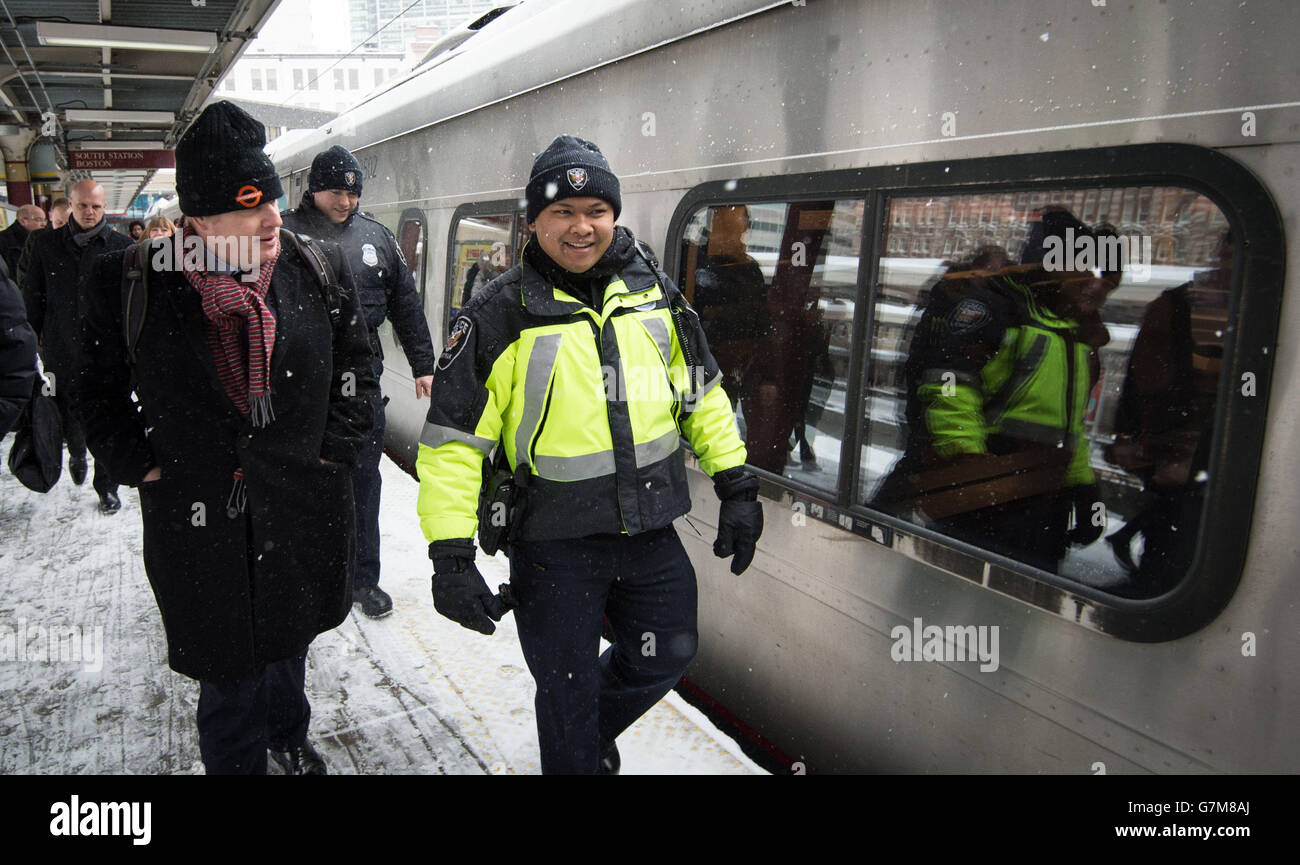 Mayor of London Boris Johnson prepares to board a train from Boston to ...