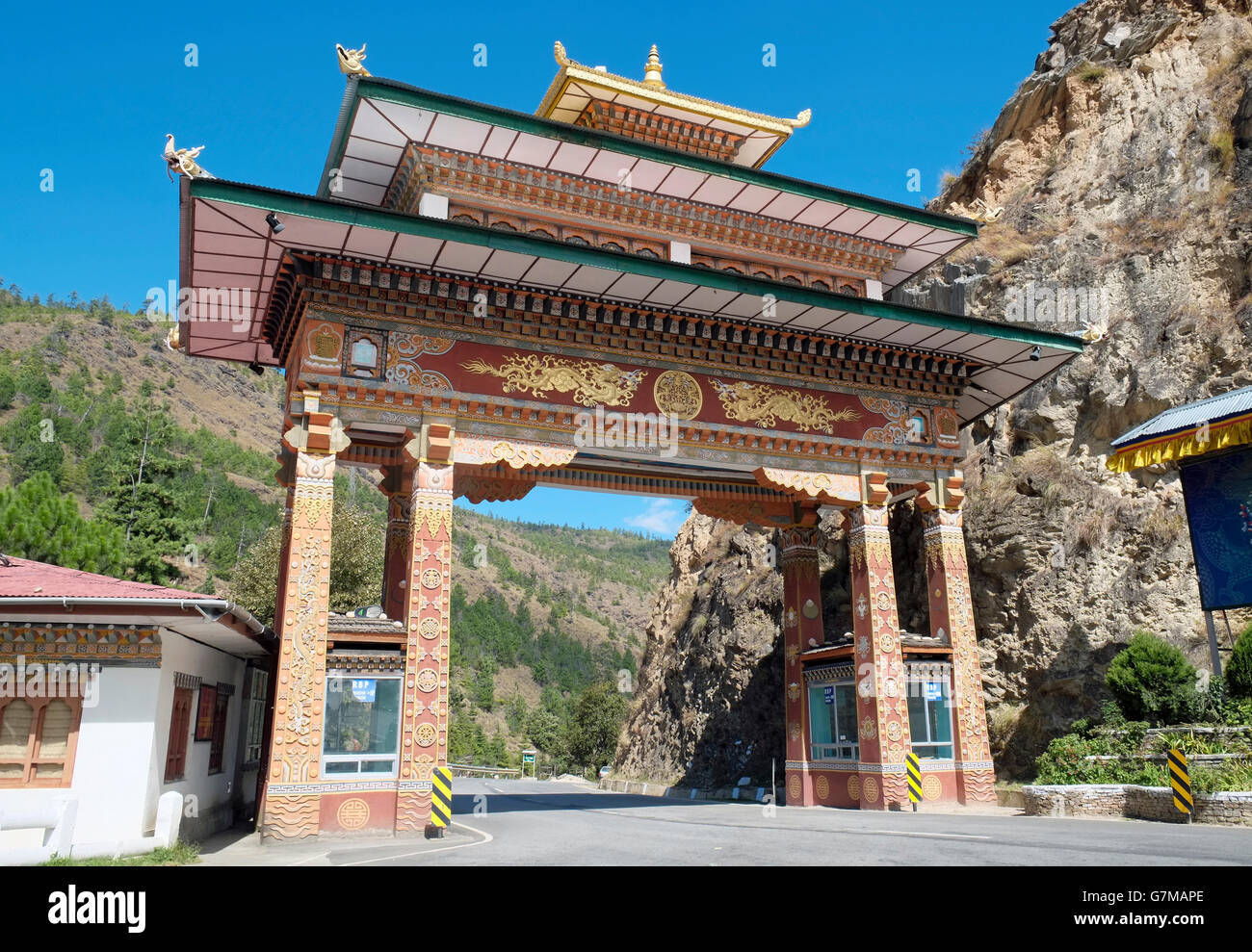 The entrance gate to the Paro Dzongkhag district, Bhutan Stock Photo ...