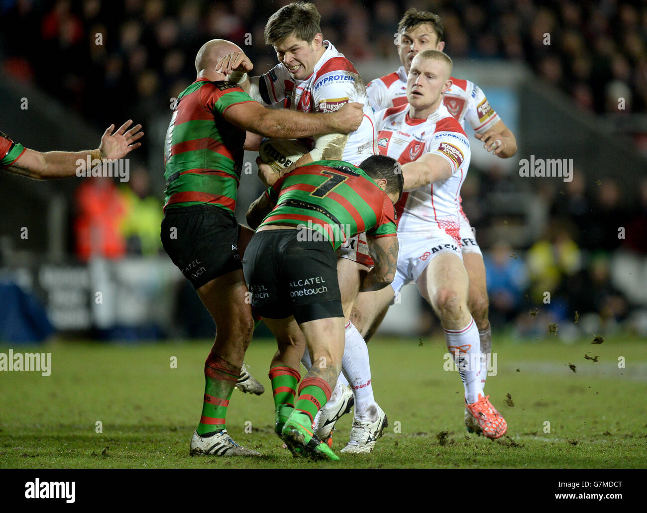 St Helens' Louie McCarthy-Scarsbrook is stopped by South Sydney ...