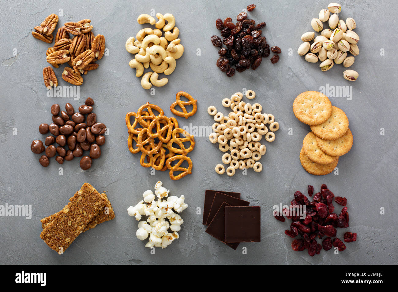 Variety of healthy snacks overhead shot Stock Photo - Alamy