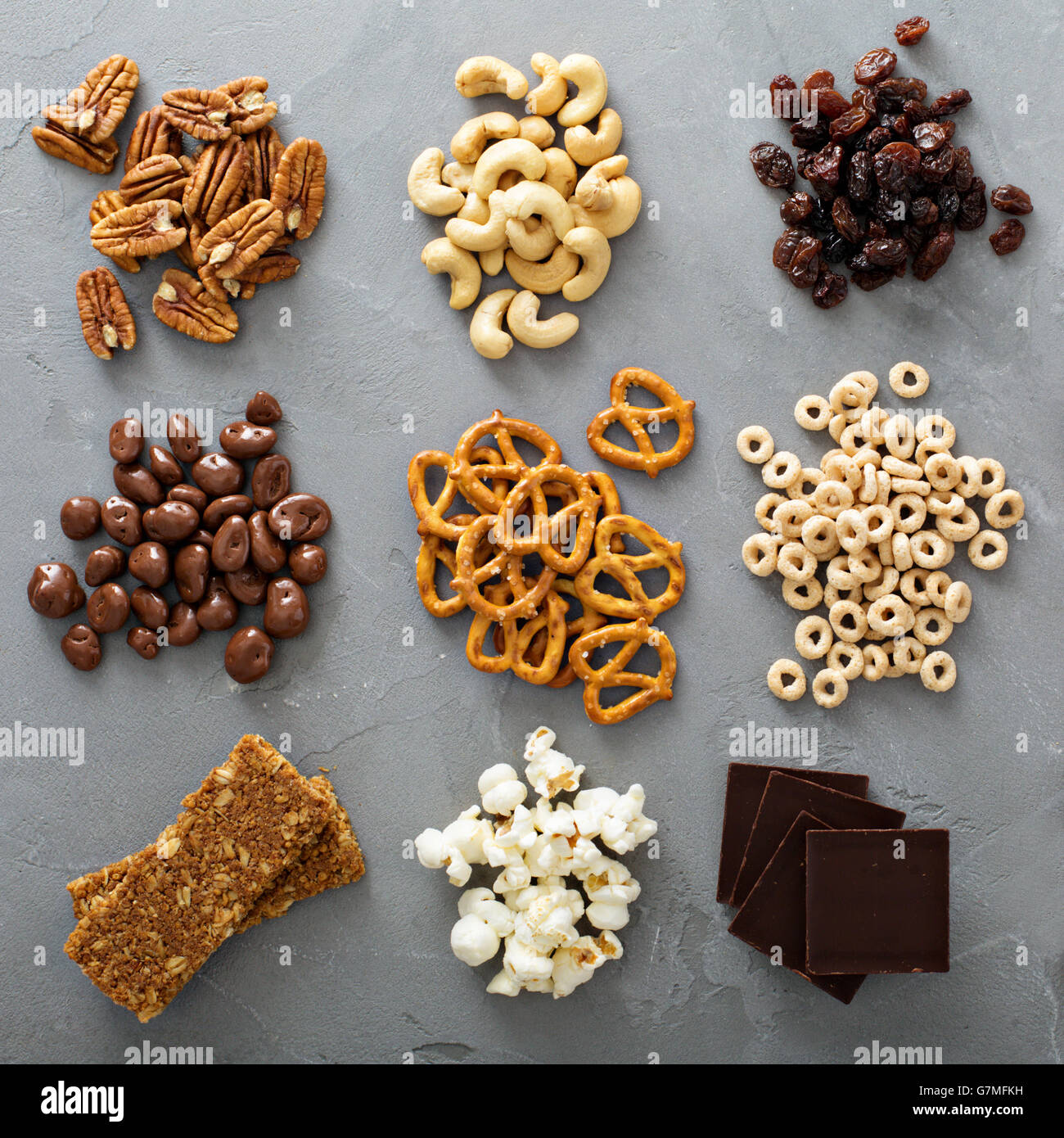 Variety of healthy snacks overhead shot Stock Photo - Alamy