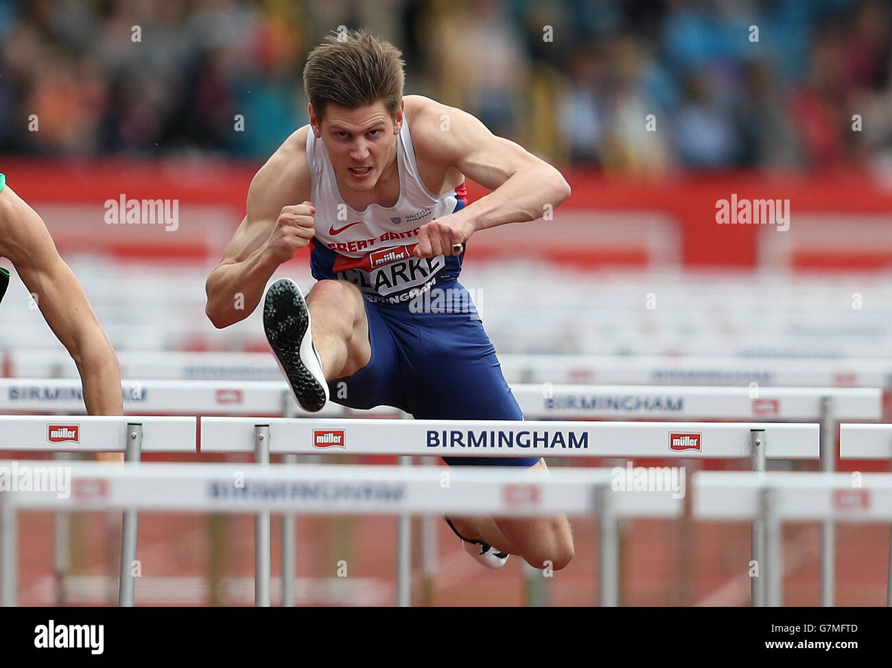 Lawrence Clarke in the 110m hurdles during day two of the British ...