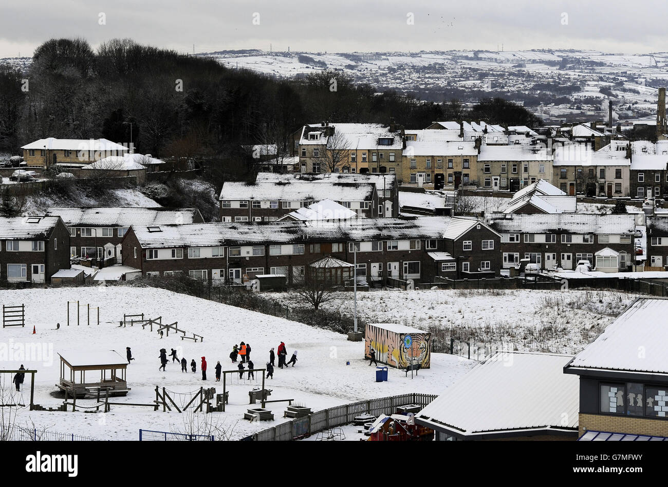 A general view of Bradford and the surrounding hills covered in snow ...