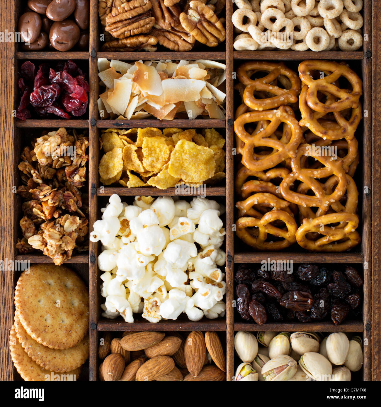 Variety of healthy snacks overhead shot Stock Photo - Alamy