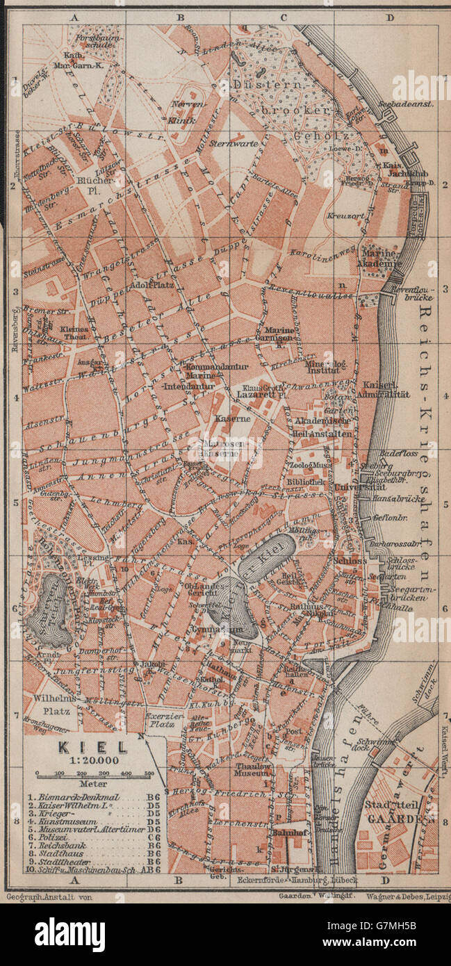 KIEL antique town city stadtplan. Schleswig-Holstein karte. BAEDEKER ...