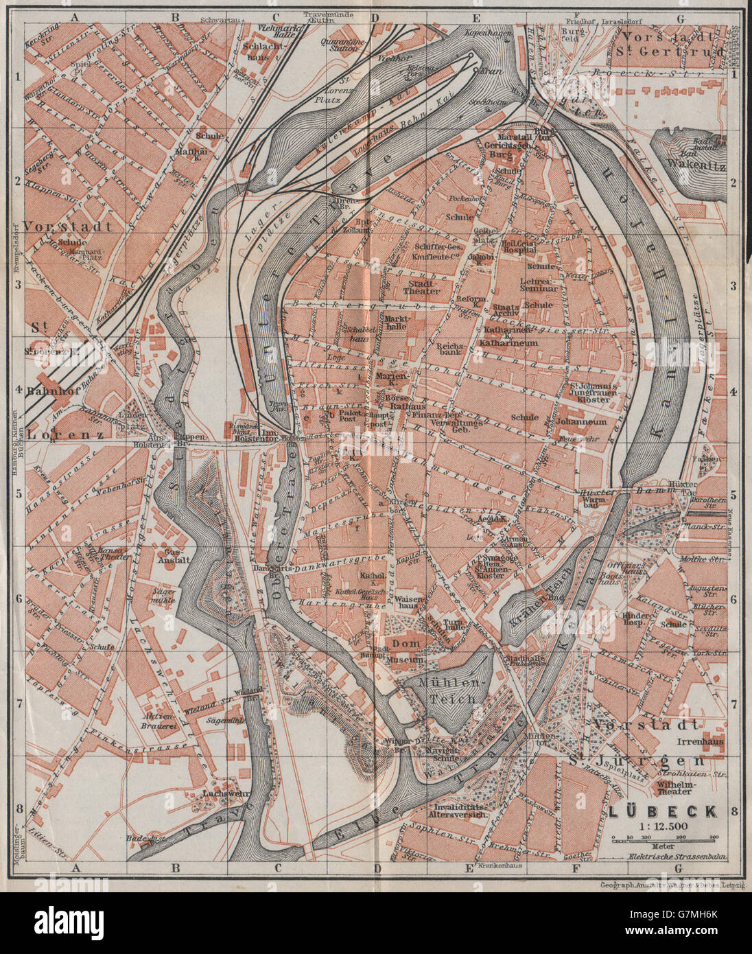 LÜBECK antique town city stadtplan. Schleswig-Holstein karte. BAEDEKER ...