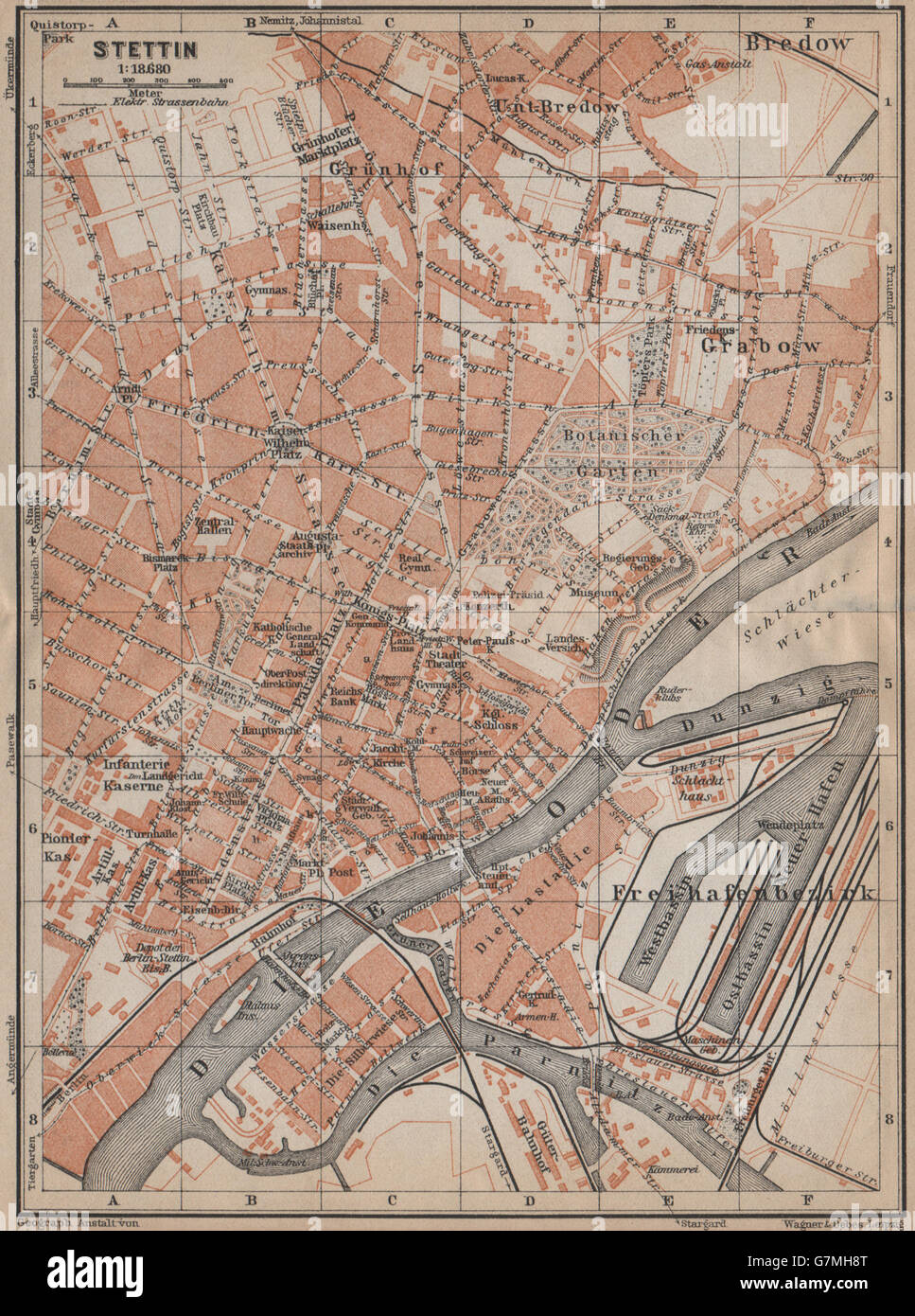 STETTIN SZCZECIN antique town city plan miasta. Poland mapa. BAEDEKER ...