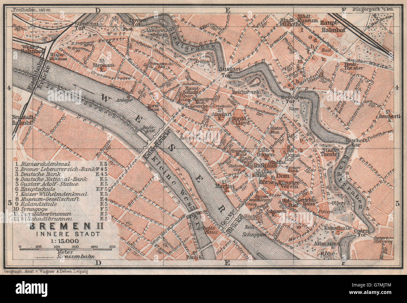 BREMEN antique town cityplan II. Innere Stadt karte. BAEDEKER, 1913 old ...