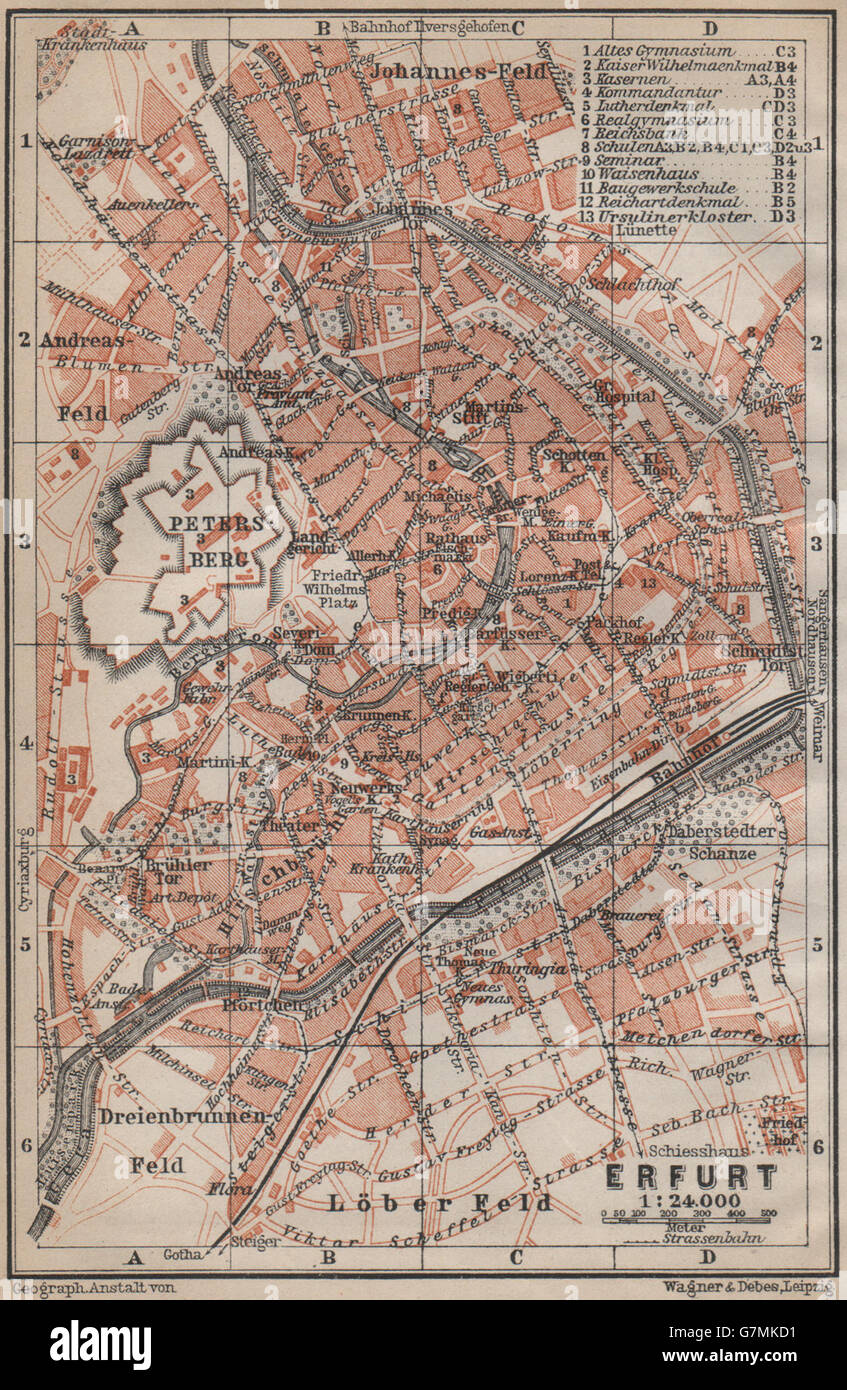 ERFURT antique town city stadtplan. Thuringia karte. BAEDEKER, 1913 old ...