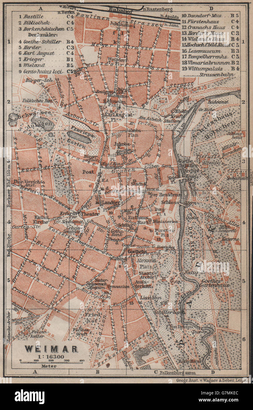 WEIMAR antique town city stadtplan. Thuringia karte. BAEDEKER, 1913 old ...