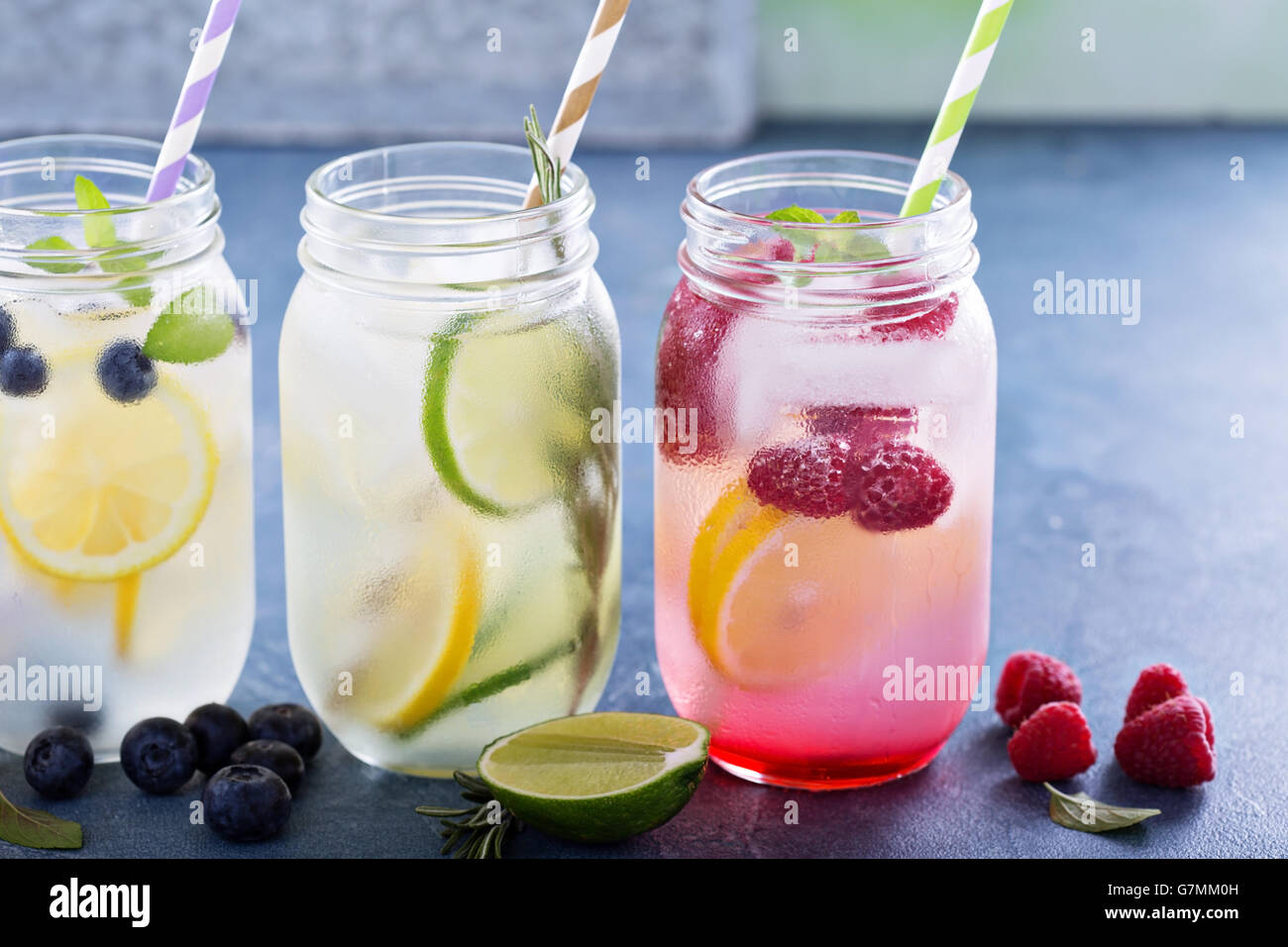 Variety of lemonade in jars Stock Photo - Alamy