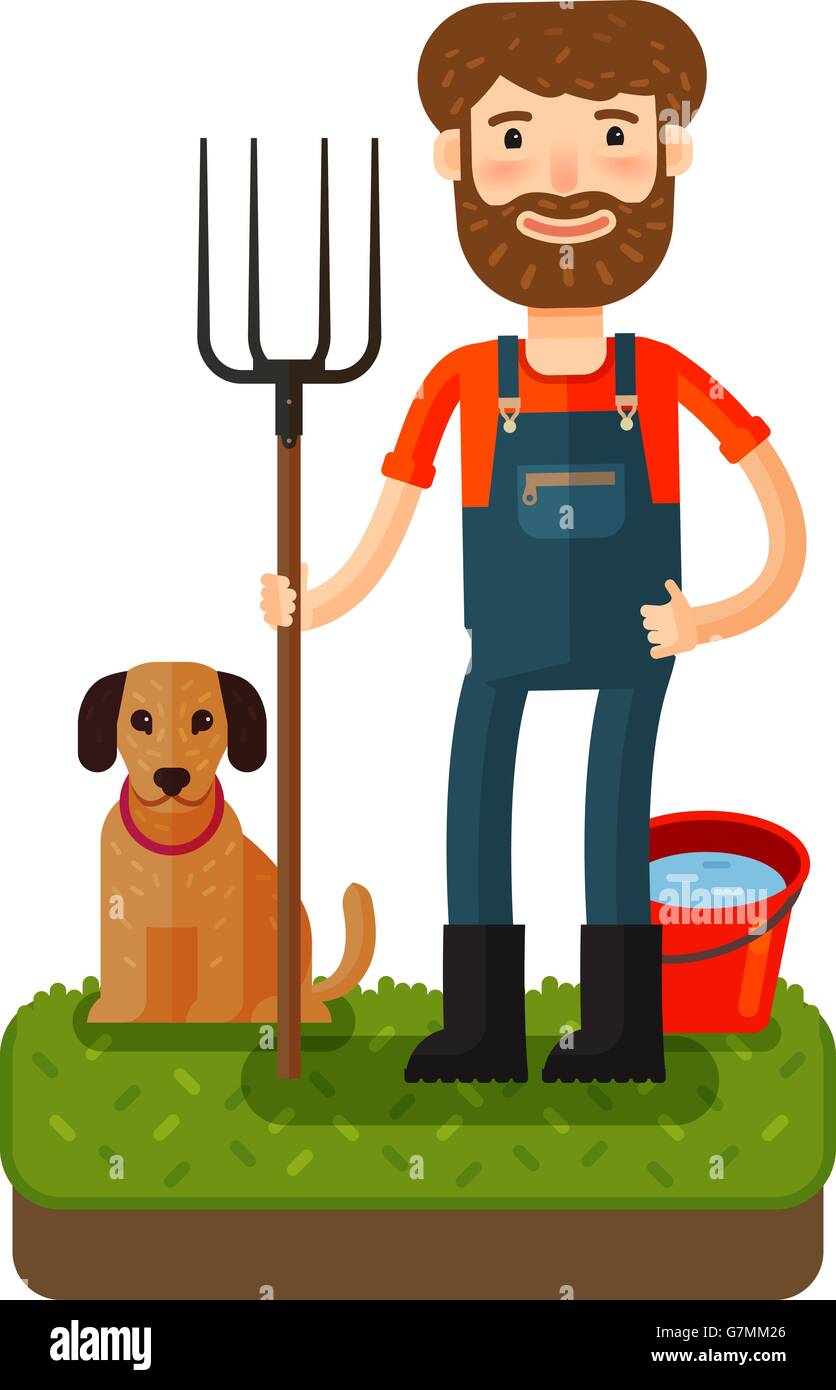 Happy farmer with a pitchfork. Vector icon. Cartoon illustration Stock ...