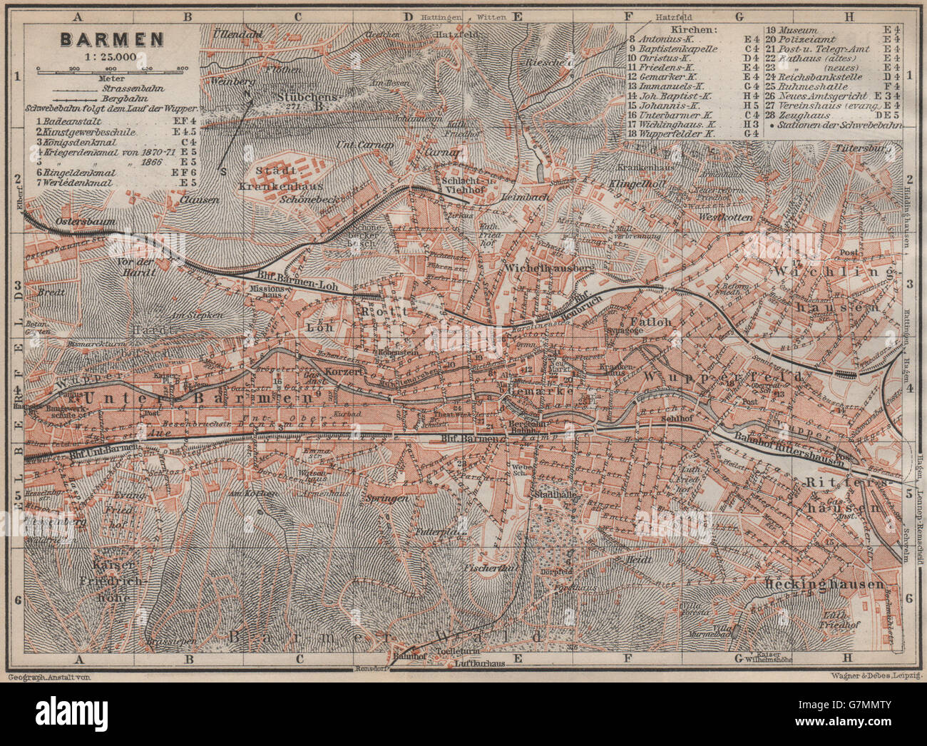 BARMEN antique town city stadtplan. Germany karte. BAEDEKER, 1913 ...