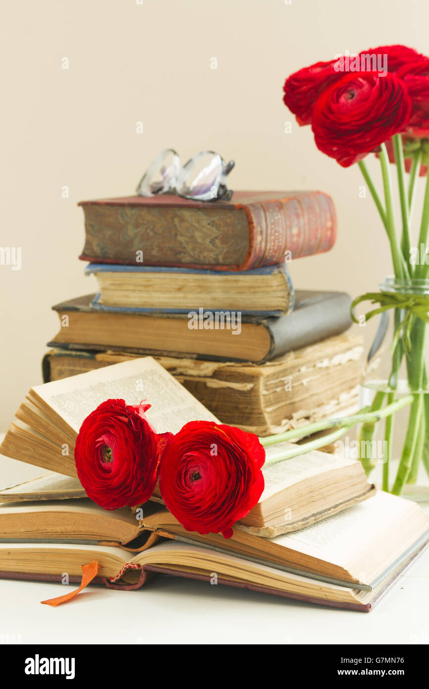 Old books with rose flower Stock Photo - Alamy