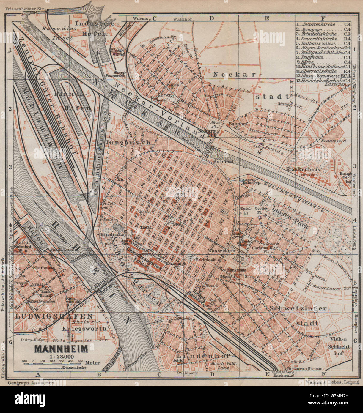 MANNHEIM antique town city stadtplan. Baden-Württemberg karte, 1913 old ...