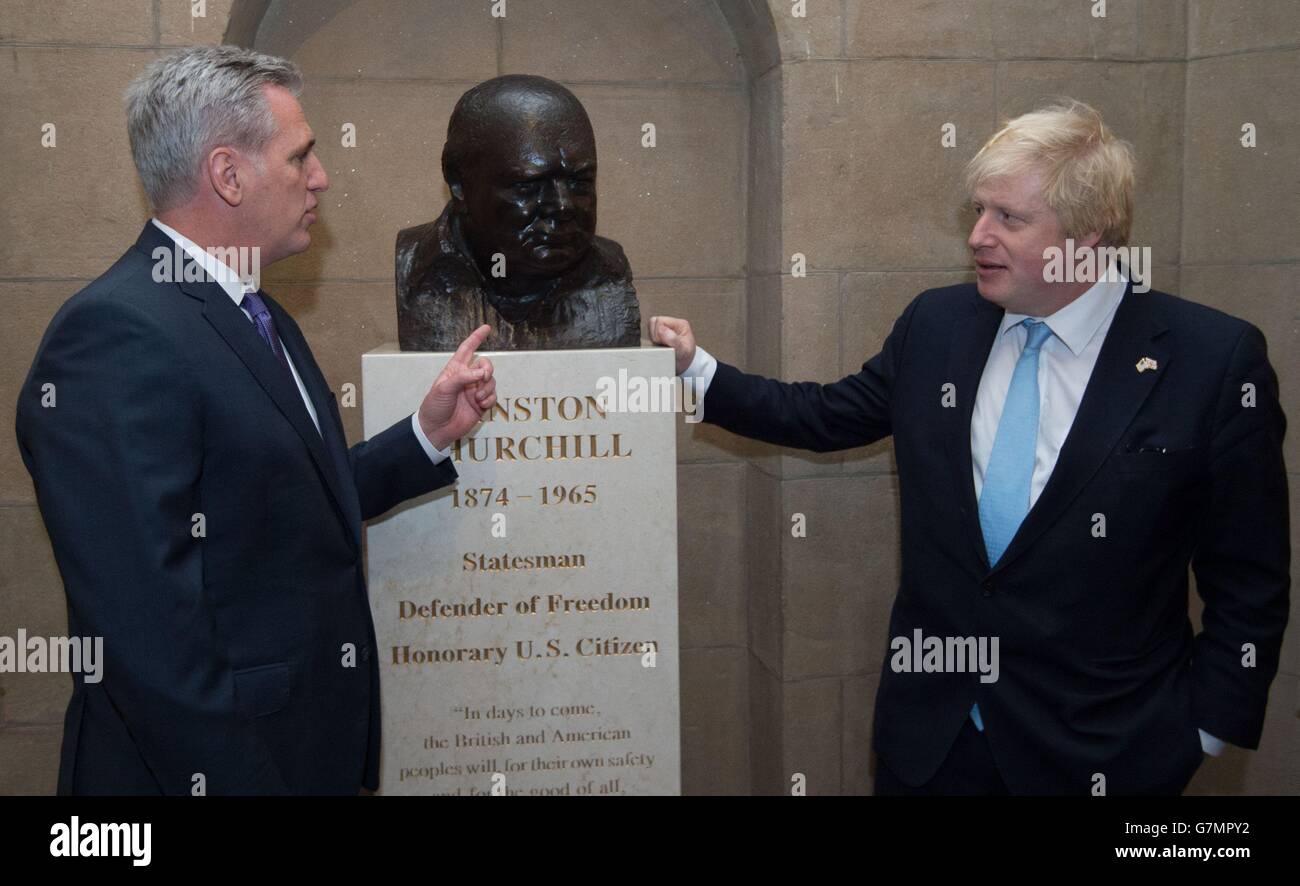 Mayor of London Boris Johnson in front of a bust of Winston Churchill ...