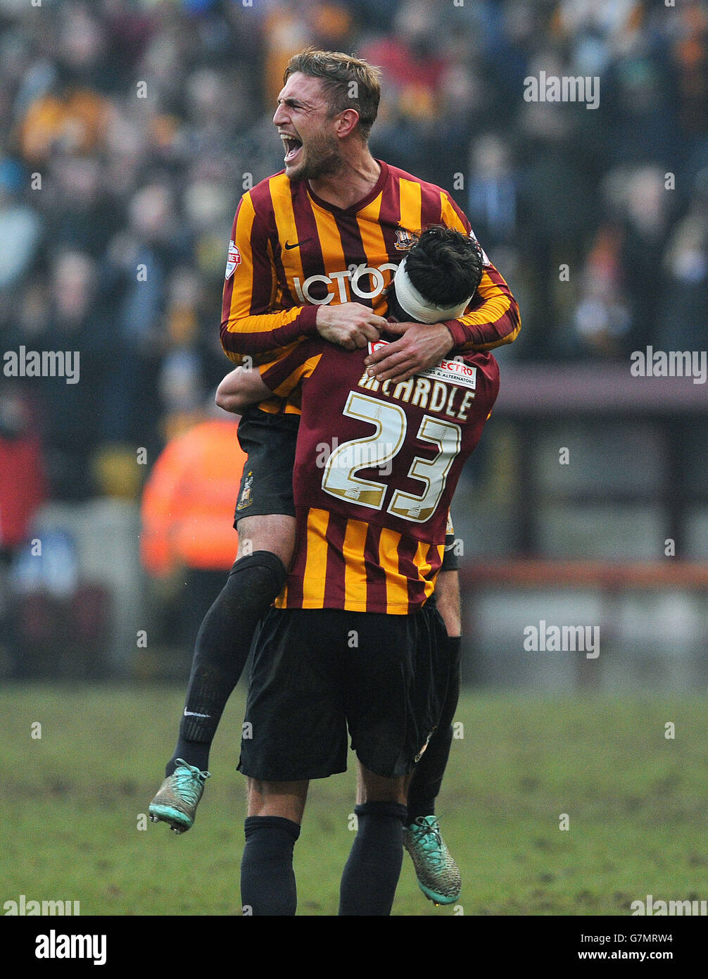Bradford City's Gary Liddle (top) celebrates with Rory McArdle at the ...
