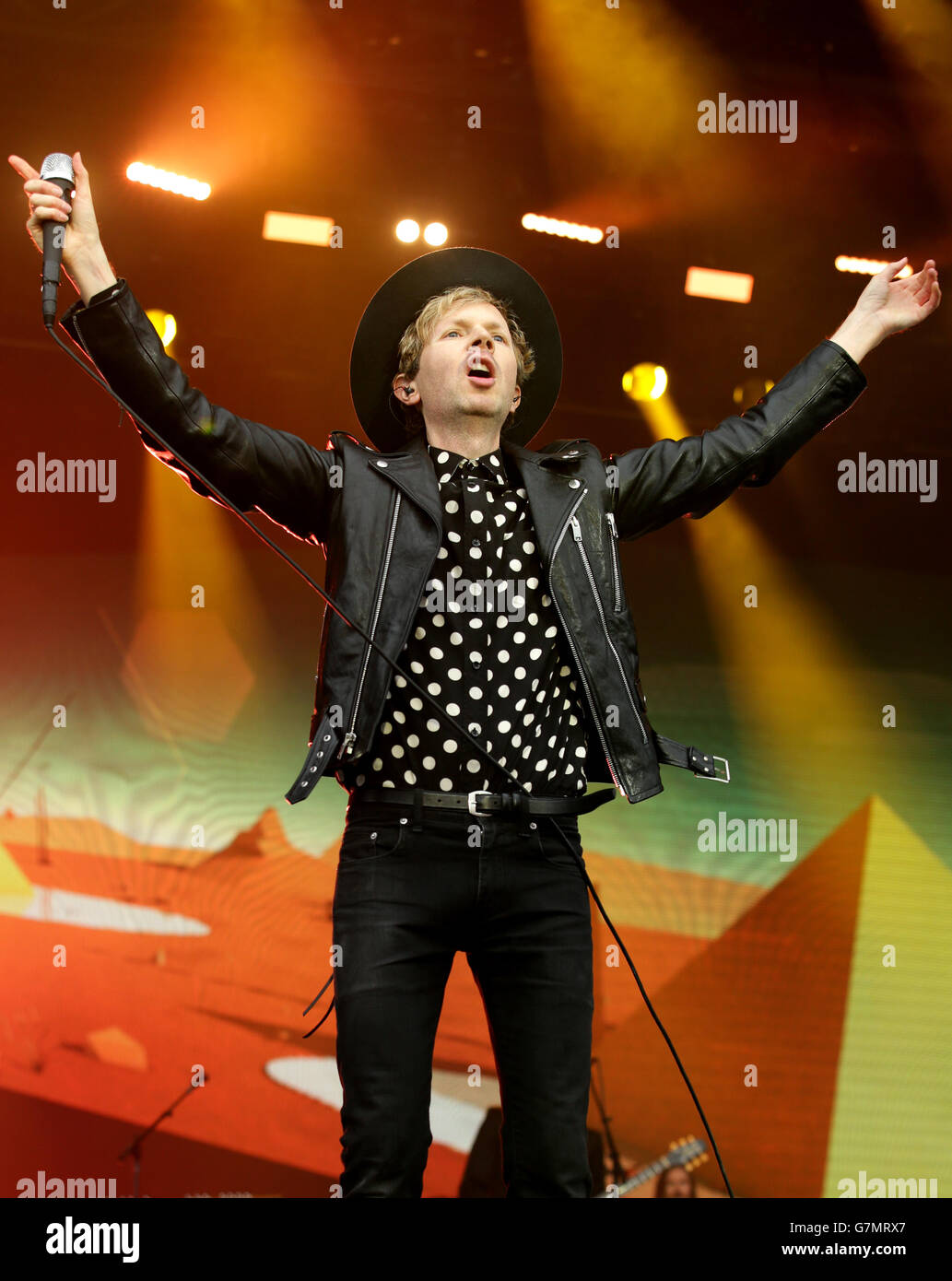 Beck performing on The Pyramid Stage at the Glastonbury Festival, at ...