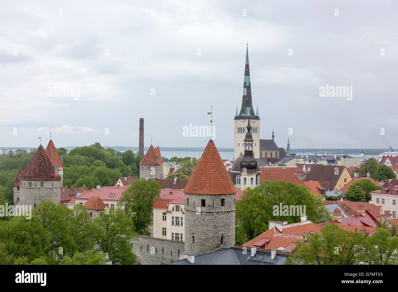 Tallinn, Estonia, roofs, churches and Baltic sea from the old town ...