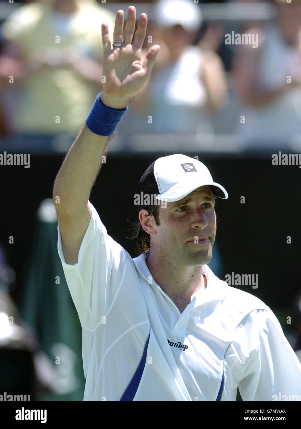 Greg Rusedski celebrates his first round victory over Jonas Bjorkman ...