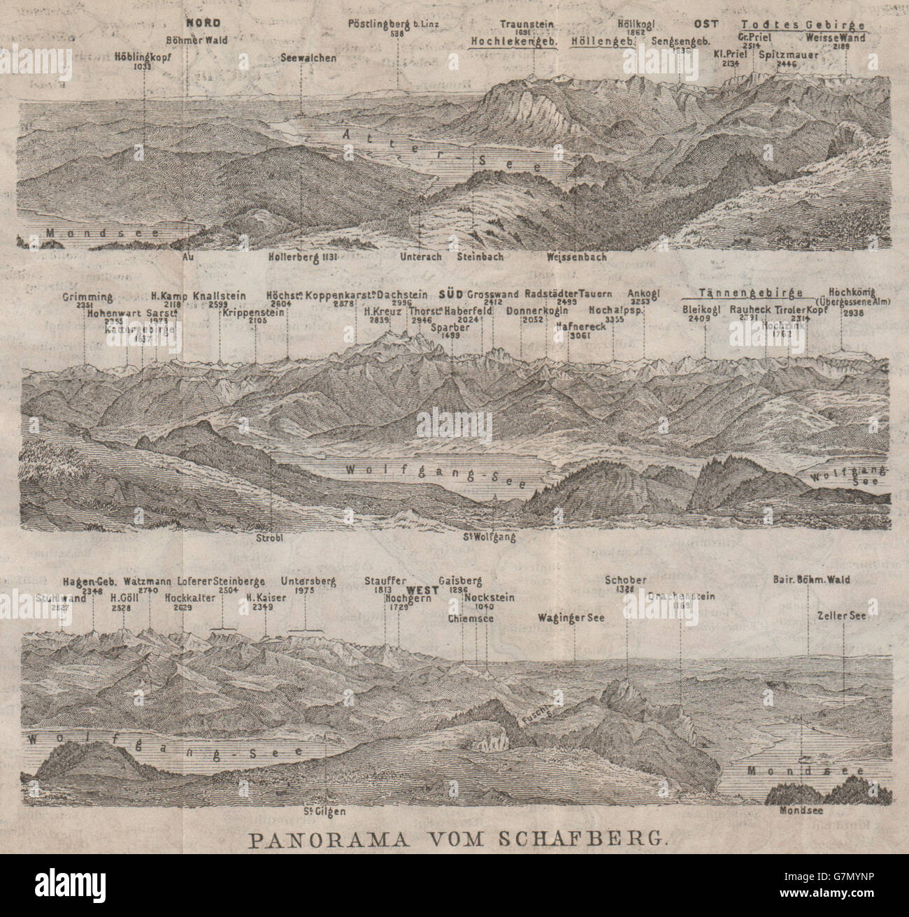 PANORAMA VOM SCHAFBERG, Salzkammergut. Austria Österreich karte, 1911 ...
