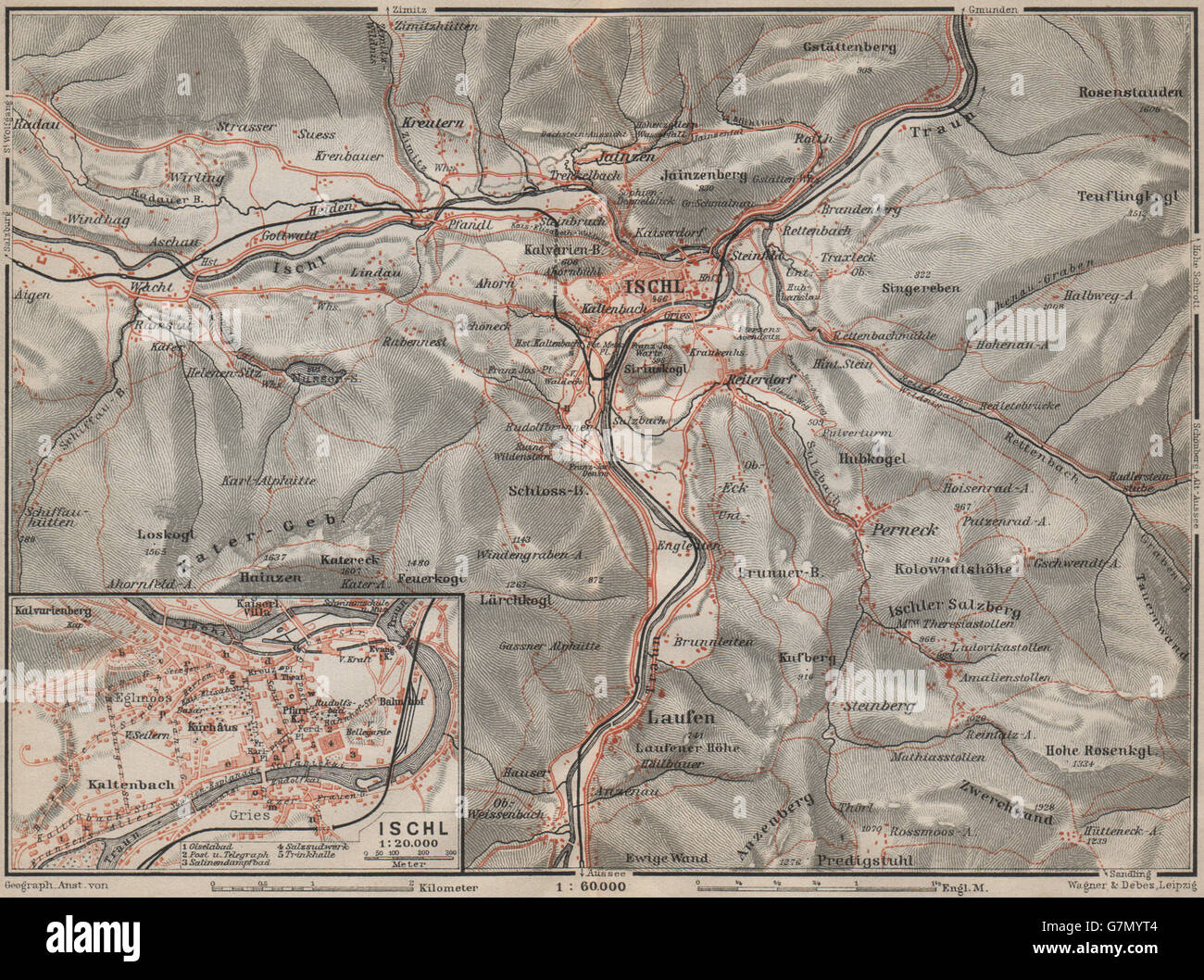 BAD ISCHL antique town city plan stadtplan. Austria Österreich karte ...